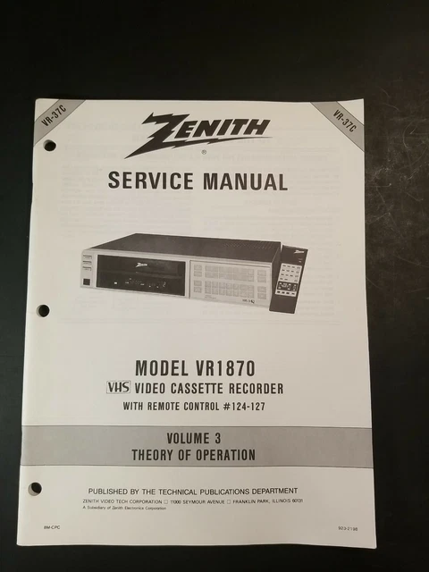 ZENITH SERVICE MANUAL Model VR1870 VHS Video Cassette Recorder Vol 3 ...