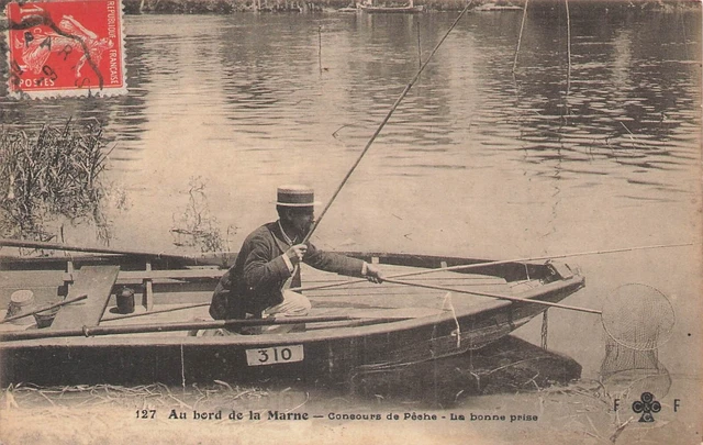 ATTENTION CARTE DECOLLEE PECHEUR - Au bord de la Marne - Concours de pêche 89844 EUR 1,30 ...