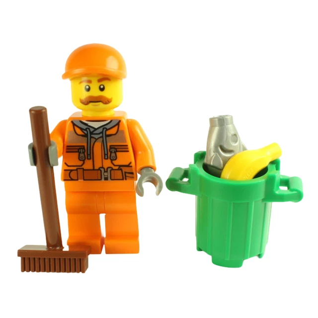 LEGO CITY MINIFIGURE bin man brush broom trash can garbage rubbish ...