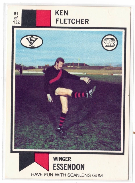 SCANLENS 1974 VFL FOOTY CARD KEN FLETCHER ESSENDON BOMBERS # 81 of SET ...