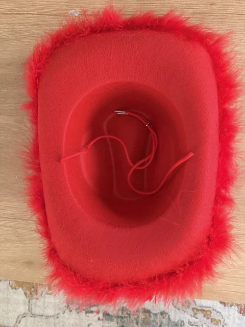 RED FELT COWBOY Hat with Feather/Fluffy Trim, One Size Adult Unisex ...