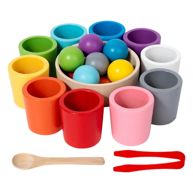 RAINBOW BALLS IN Cups Toddler Montessori Toy Kids Preschool Wooden ...