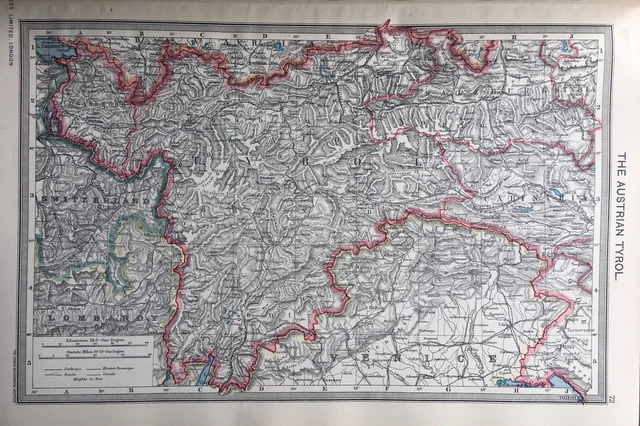 AUSTRIAN TYROL SKI Regions Original Antique Map 1907 Harmsworth Austria ...