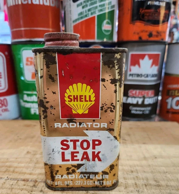 SHELL CANADA RADIATOR Stop Leak Tin Can Vintage 8 Oz Fl. Empty Can $49. ...