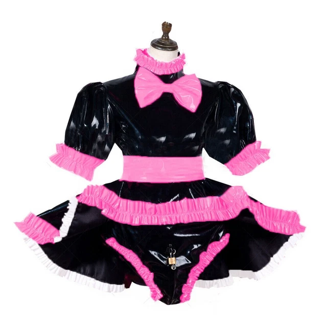 FRENCH MAID GIRL Sissy Lockable Black PVC Dress Cosplay Costumes Tailor ...