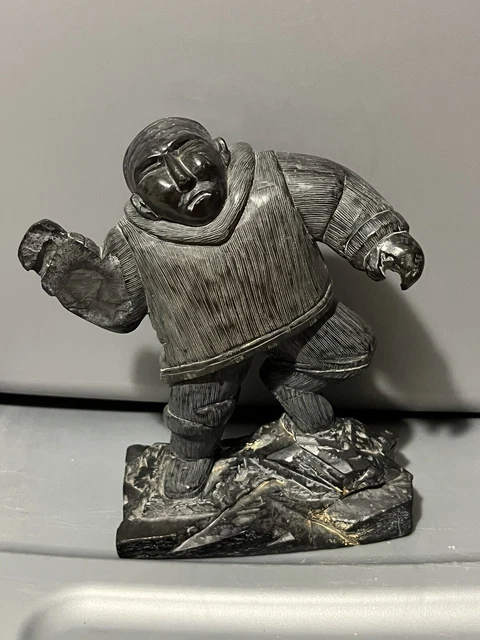 CANADA ESKIMO ART Standing On Rock Hunter Man Carved Soap Stone Statue ...
