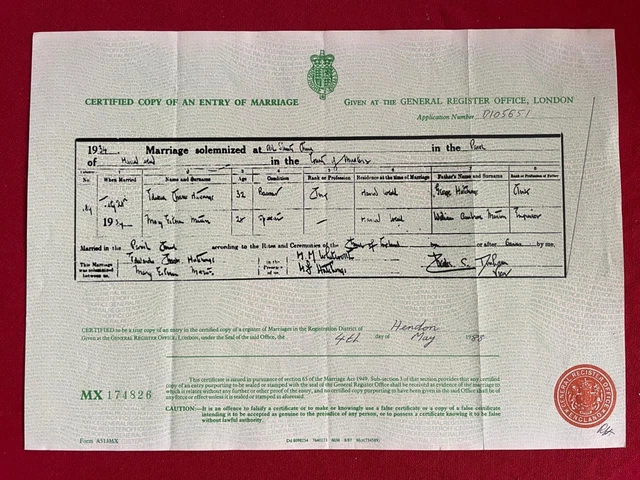 1988 OFFICIAL CERTIFIED Copy of an Entry of Marriage 1934 Edward James ...