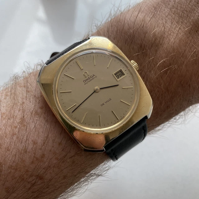 OMEGA DE VILLE Automatic Square TV Case Swiss Made Gold Plated Date ...