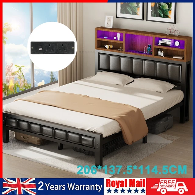 RGB DOUBLE BED Frame Industrial Metal Platform Bed with Headboard and ...
