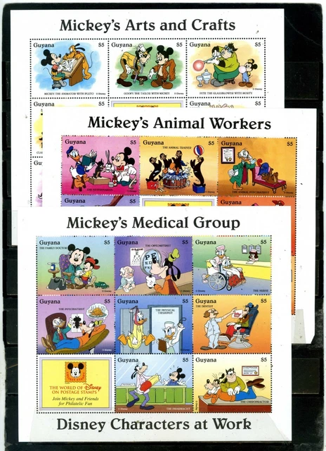 GUYANA 1995 DISNEY Characters At Works 3 Sheets Of 8 Stamps & Label Mnh ...