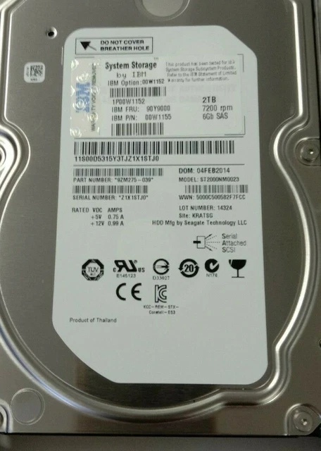 IBM 2TB 3.5& 6Gb SAS HDD 00W1155 FRU 90Y9000 for IBM Storage DS3512 ...