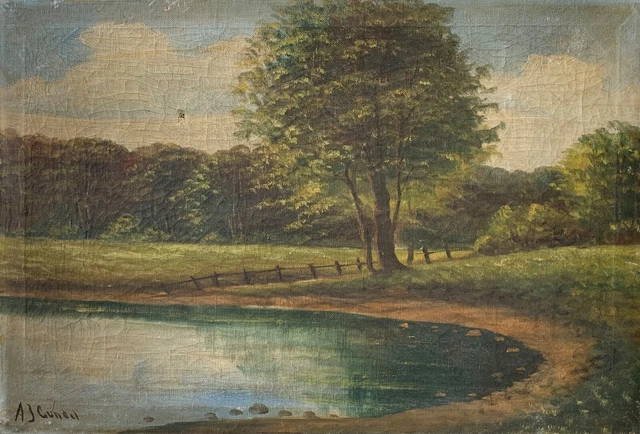 ÖLBILD SEEUFER NATUR Landschaft signiert A.J. Gundel verschmutzt EUR 60,00 - PicClick DE