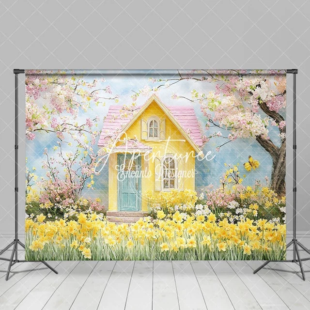 APERTUREE SPRING YELLOW Pink Cabin Floral Scenery Backdrop $37.87 ...