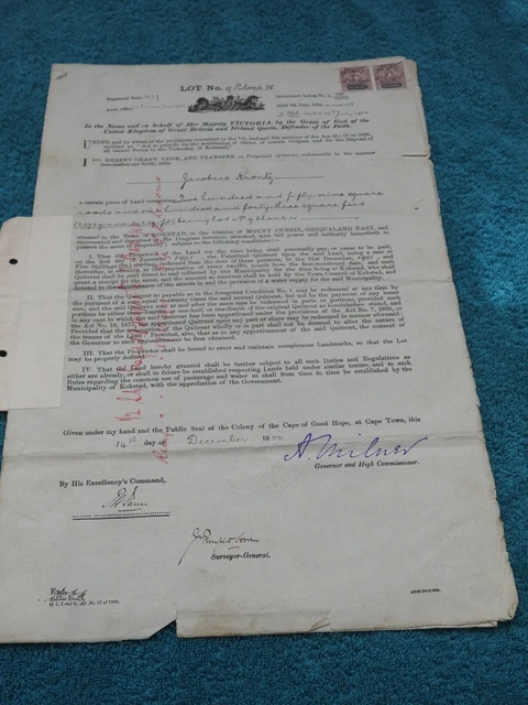 HISTORIC 1900 SOUTH African title deed signed by Governor of the Cape ...