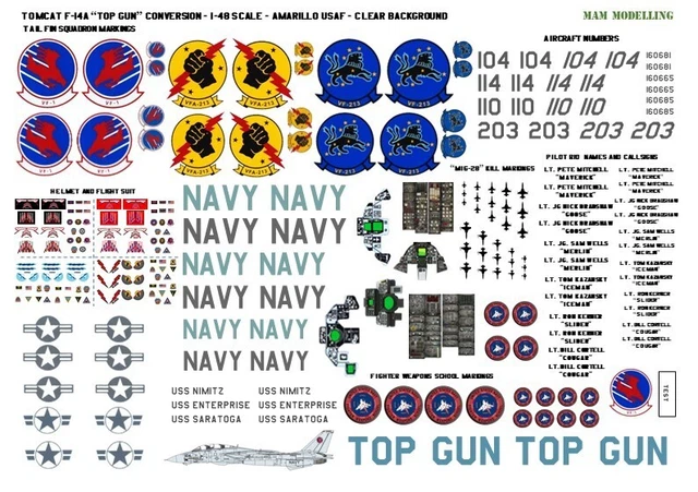 1:48 TOP GUN F-14A Tomcat, A-4 Skyhawk & “MIG-28” F-5 Conversion Decals ...