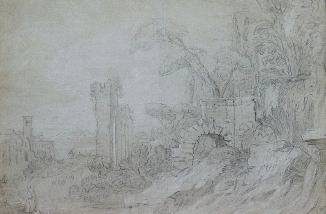 ANTIQUE DRAWING LANDSCAPE Painting ITALY Roman Country Ruins Blue Paper ...