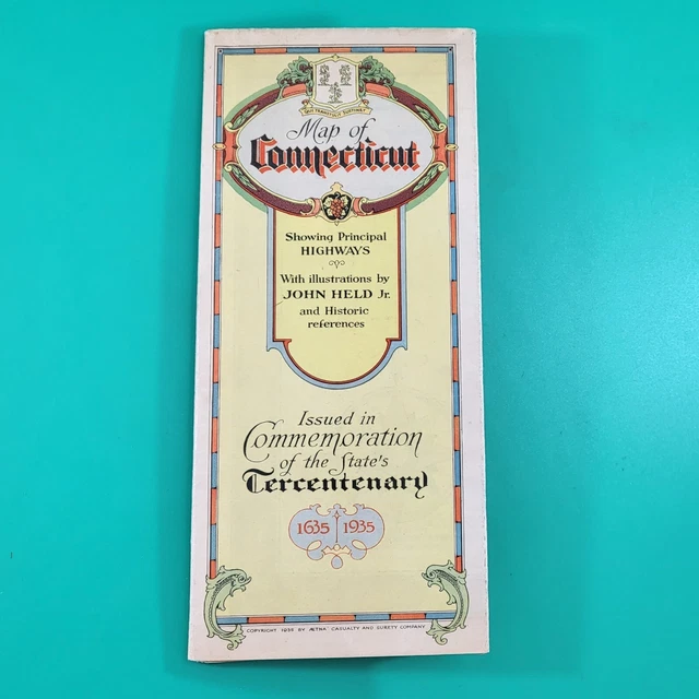 TERCENTENARY COLOR MAP Of Connecticut 1635 Arco Commemorative 1935 John ...