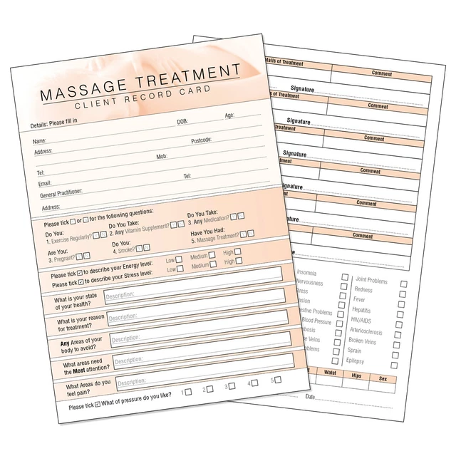MASSAGE CLIENT RECORD Card Treatment Consultation Therapists Form ...