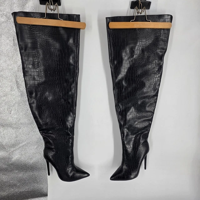 PRETTYLITTLETHING BOOTS WOMENS Size 5 Black Thigh High Croc Stiletto ...
