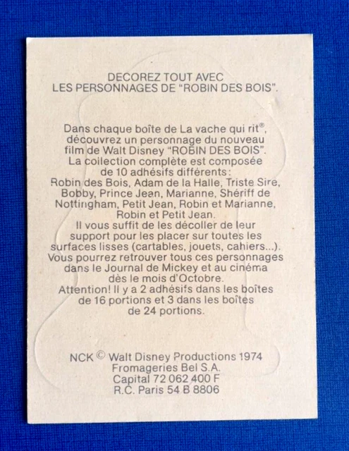 STICKER VACHE QUI Rit 1974 Walt Disney Robin Des Bois Et Mariane ...