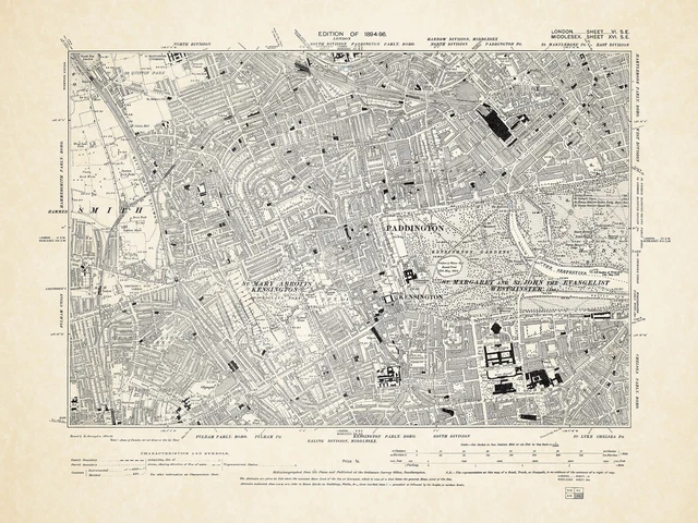 OLD MAP PADDINGTON, Kensington, Notting Hill, Bayswater 1896 London ...