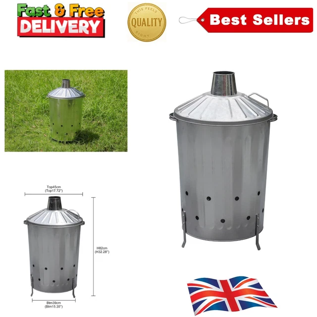 90L EXTRA LARGE Galvanised Metal Fire Burning Bin with Locking Lid ...