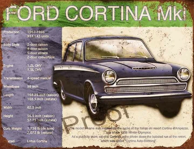 FORD CORTINA MK 1 #0045 Sign Garage Shed Metal Aluminium Plaque Car 10 ...