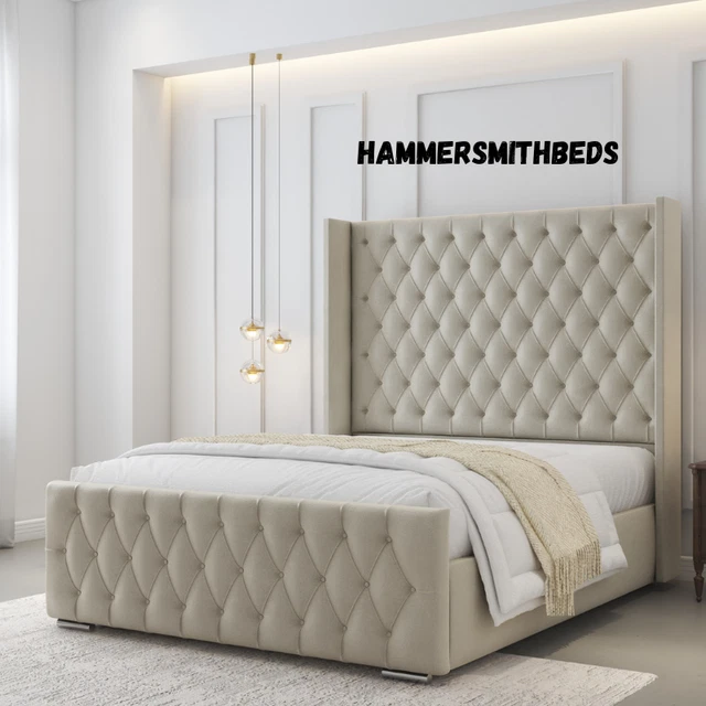 LUXURY WINGED BED Frame Plush Velvet Upholstered Ottoman Gas Lift ...