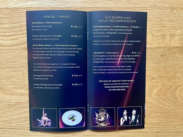 EUROPA-PARK RUST DINNER SHOW 2022/2023 Set - Getränke-, Menükarte ...