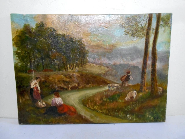 ANCIEN TABLEAU PEINTURE huile sur toile XIXè paysage campagne personnage animaux EUR 35,00 ...