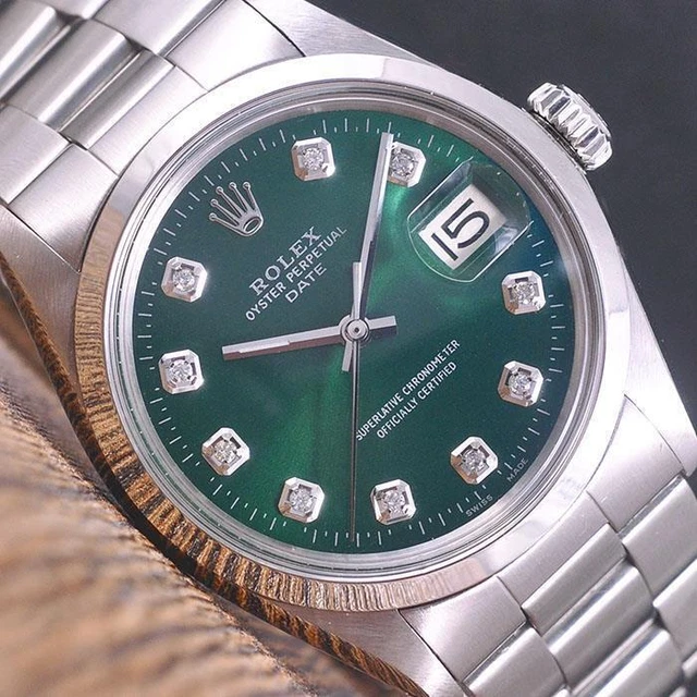 ROLEX 1500 MONTRE Oyster Perpetual DATE Automatique Cadran Diamant Vert ...