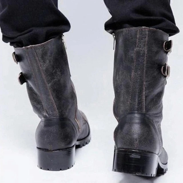 MID CALF ARMY Boots Retro Punk Leather Buckle Military Combat Booties ...