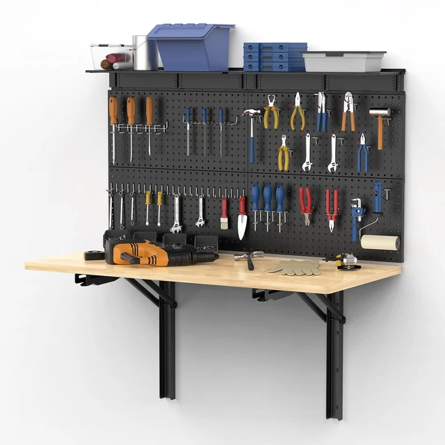 WALL MOUNTED WORKBENCH with Pegboard, Folding Down Work Table Metal ...