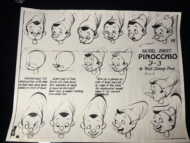 PINOCCHIO ANIMATION MODEL SHEET Walt Disney Production Art Vintage Cels ...