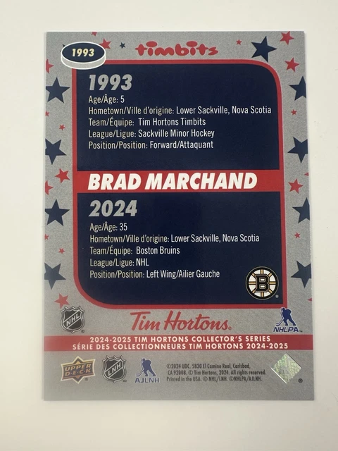 2024-25 UPPER DECK Tim Hortons #1993 Brad Marchand Timbits Sp $35.00 ...