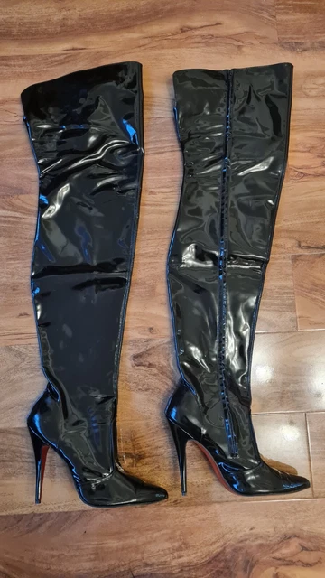 BLACK PATENT THIGH Boots With Red Sole Size 11uk, Broken zip, Read ...