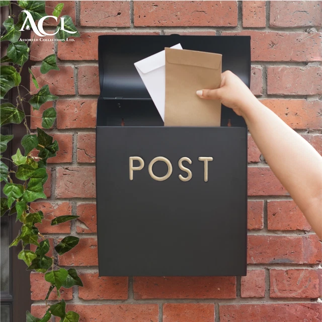 BLACK POST BOX Wall Mounted Large Letter Mailbox With Flap Outdoor ...