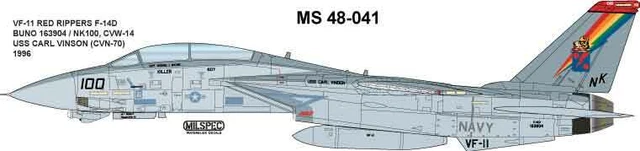 MILSPEC DECAL, MS 48-041, 1/48 Scale, F-14D Tomcat, Vf-11 Red Rippers ...