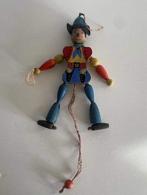 VINTAGE WOODEN COWBOY Puppet With Lasso Pull String Toy Ornament £14.47 ...