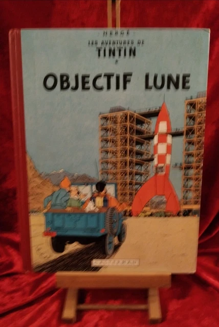 1955-HERGE-TINTIN-N°749 DANEL-OBJECTIF LUNE-DOS Percaline Rouge ...