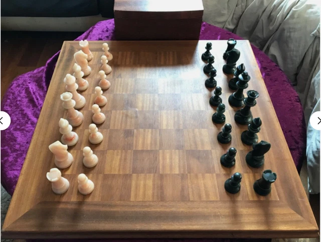 VINTAGE CHESS FULL Set Pieces And Large Thick Heavy Wooden Board 51cm x ...