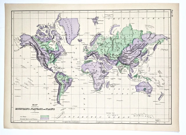 WORLD MAP 1873 Original Mountains Regions Plateaus Plains Warren's ...