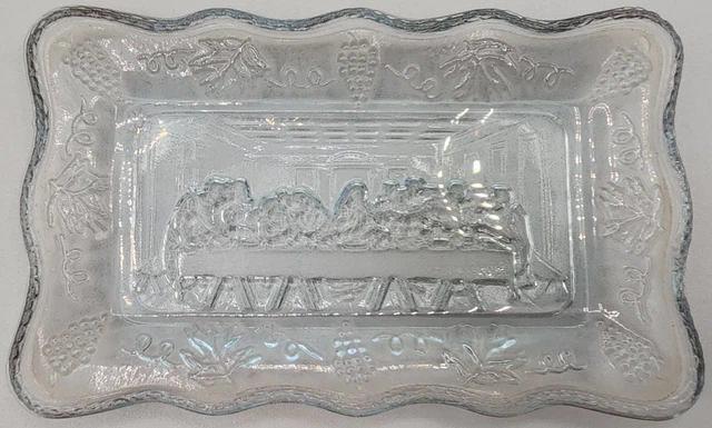 VINTAGE LAST SUPPER Butter Plate Dish Icy Ocean Blue Glass 5 1/2" x 3 1 ...