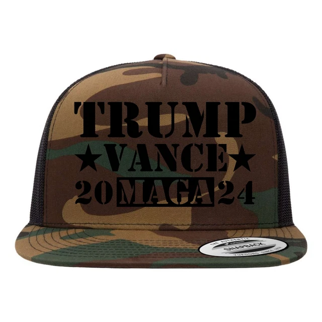 DONALD TRUMP JD Vance 2024 Maga Army Stamp Black Logo Flat Bill Trucker ...