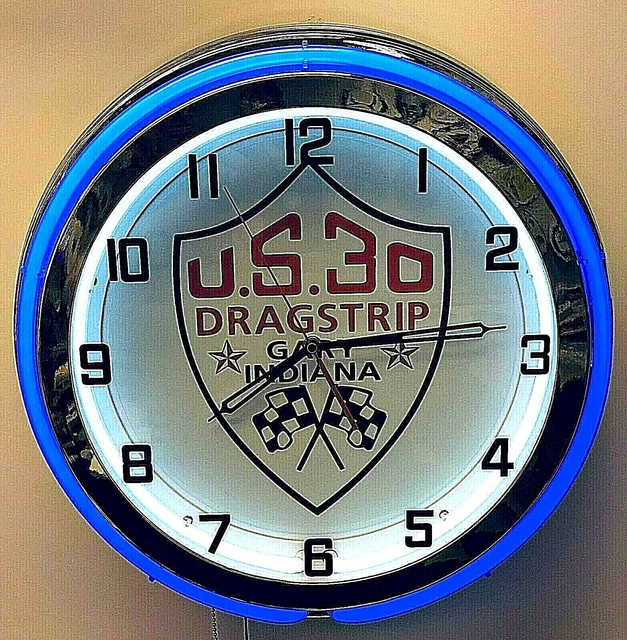19& US30 DRAGSTRIP Gary Indiana Sign Double Neon Clock Blue Neon US 30 ...