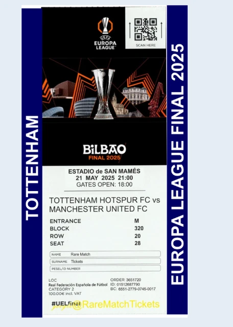TOTTENHAM HOTSPUR EUROPA League Final 2025 Match Ticket Bilbao Coloured ...