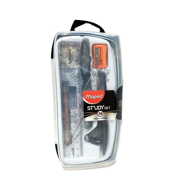 MAPED GEOMETRY 10 Piece Set Box Compass Protractor Ruler Triangle ...