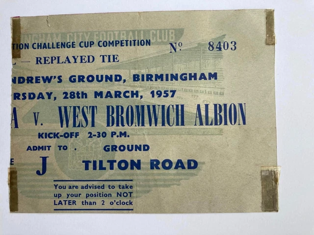 ASTON VILLA V West Brom FA Cup Semi Final REPLAY 1956/57 Ticket ... ASTON VILLA V West Brom FA Cup Semi Final REPLAY 1956/57 Ticket ...