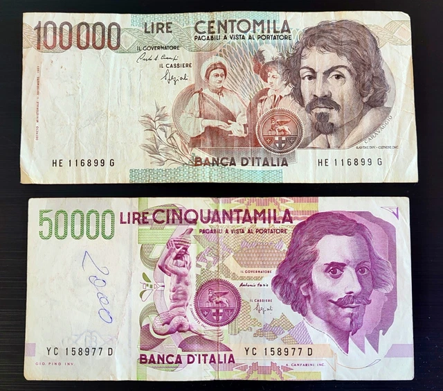 LIRE BANCONOTE ITALIA 100.000 Mila Caravaggio 50.000 Mila Bernini Buono ...