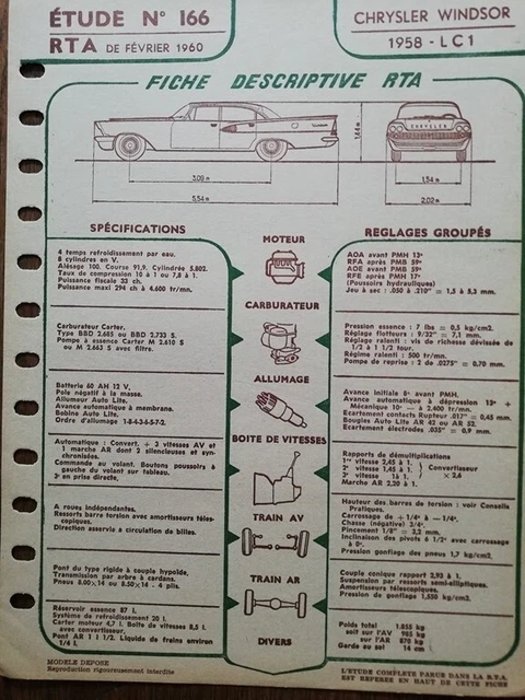 FICHE TECHNIQUE AUTOMOBILE RTA CHEVROLET 1955 à 1958 n°149 1958 EUR 5 ...